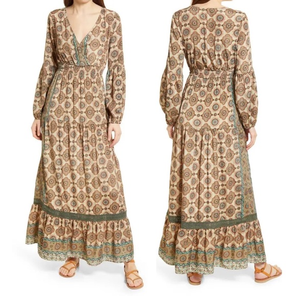 RAGA | Dresses | Raga Anthropologie Long Sleeve Tiered Boho Tan Paisley ...